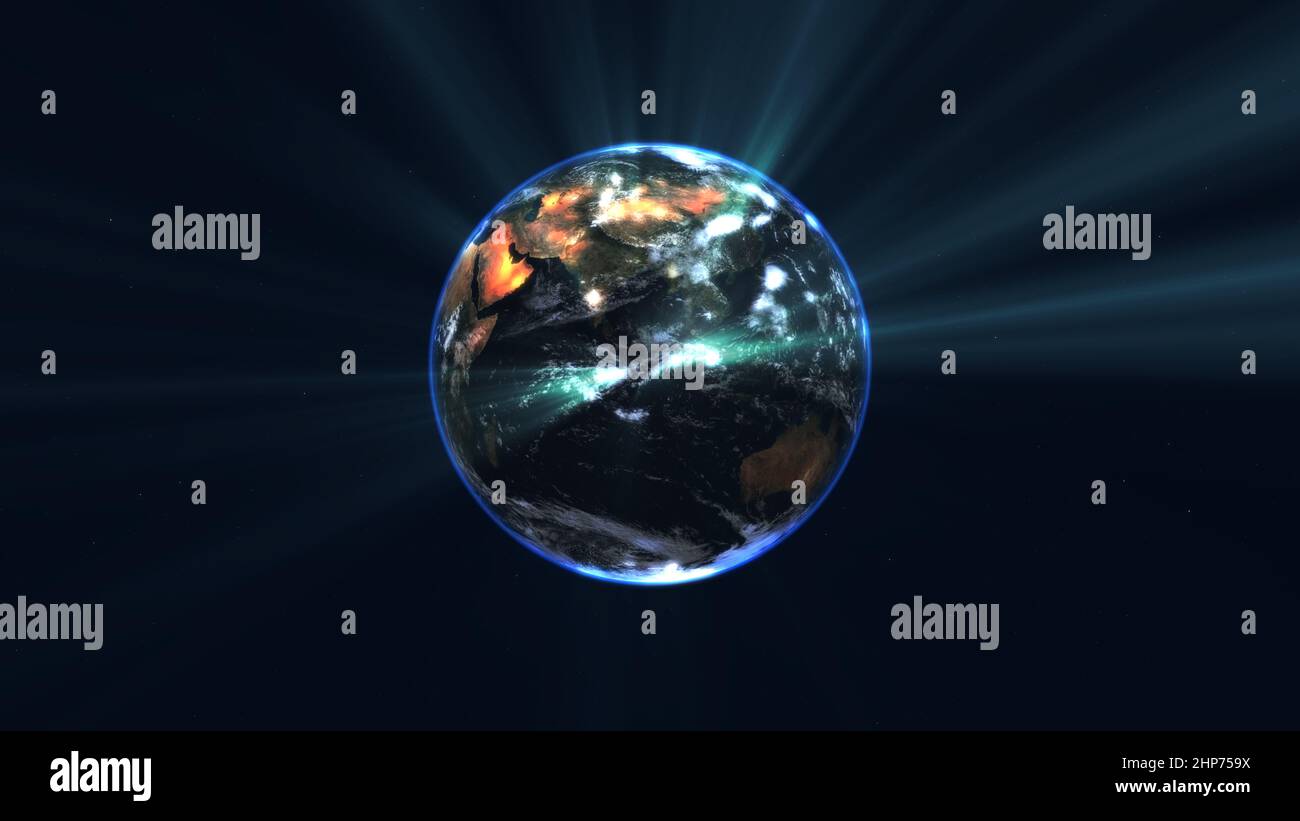 earth globe with glowing details and light rays. 3d illustration render ...