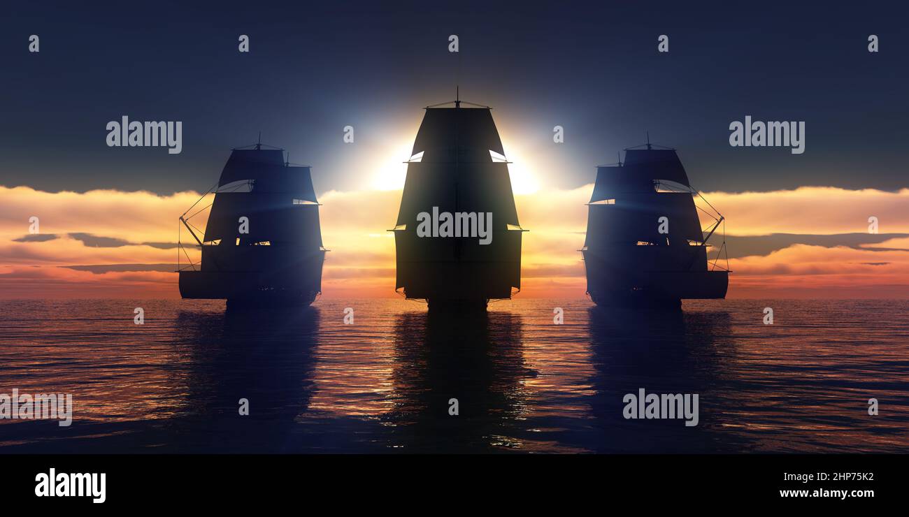 old three ships sunset at sea, 3d rendering illustration Stock Photo ...