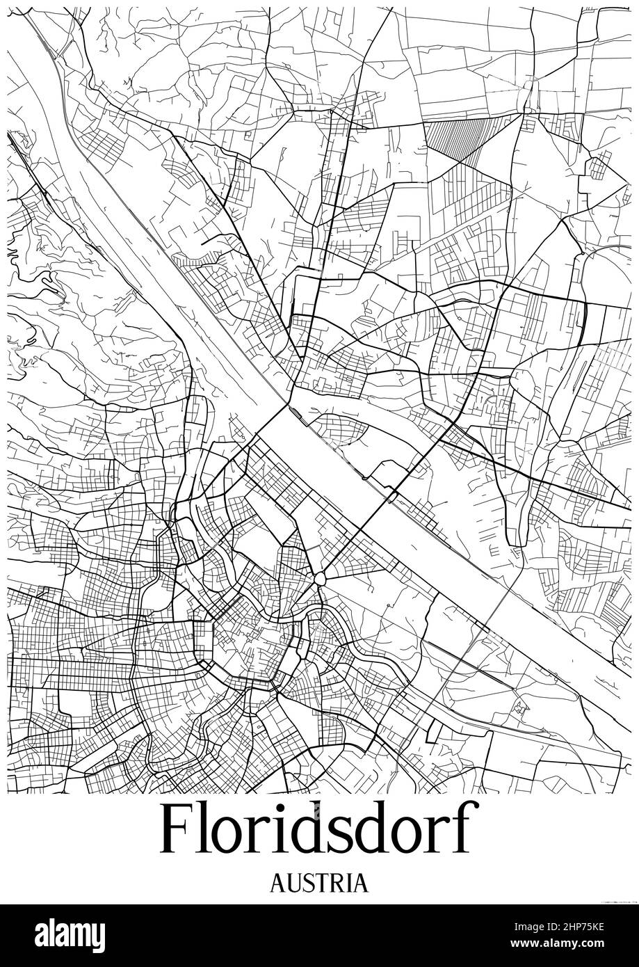 Black and white urban map of Floridsdorf Austria.This map contains ...