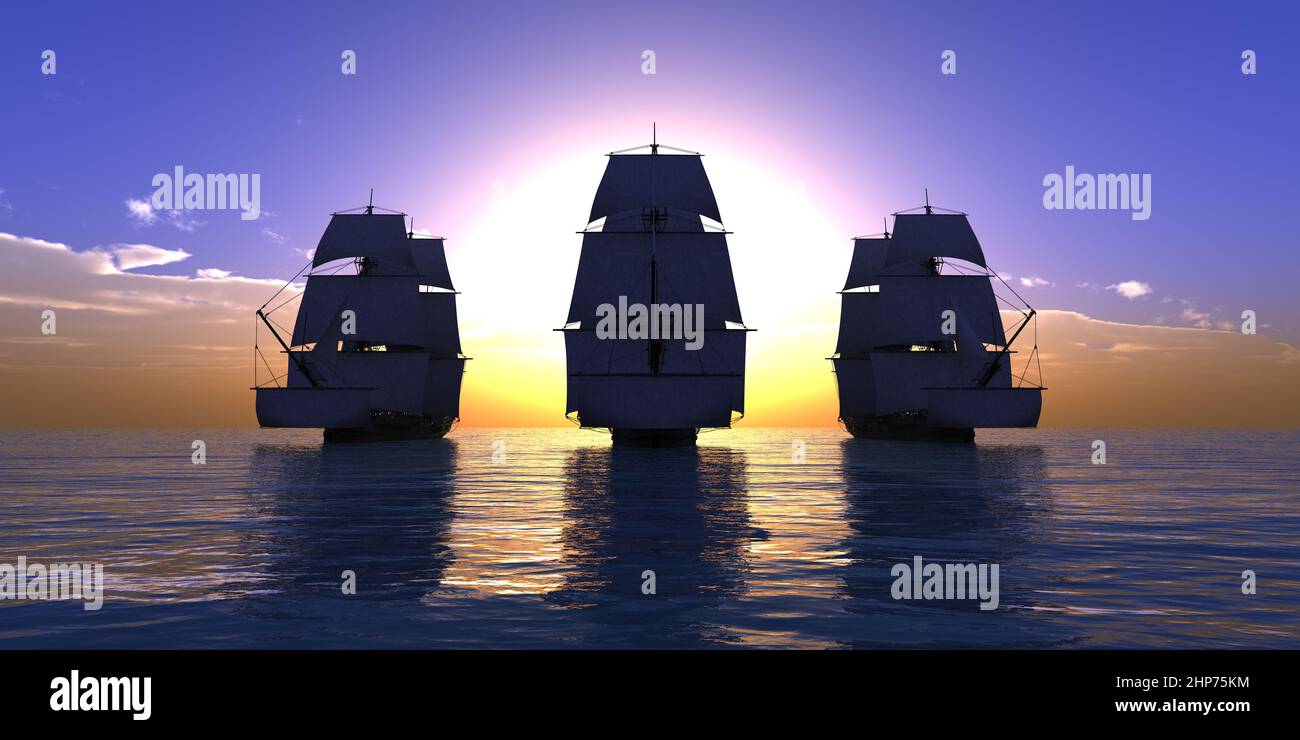 old three ships sunset at sea, 3d rendering illustration Stock Photo ...