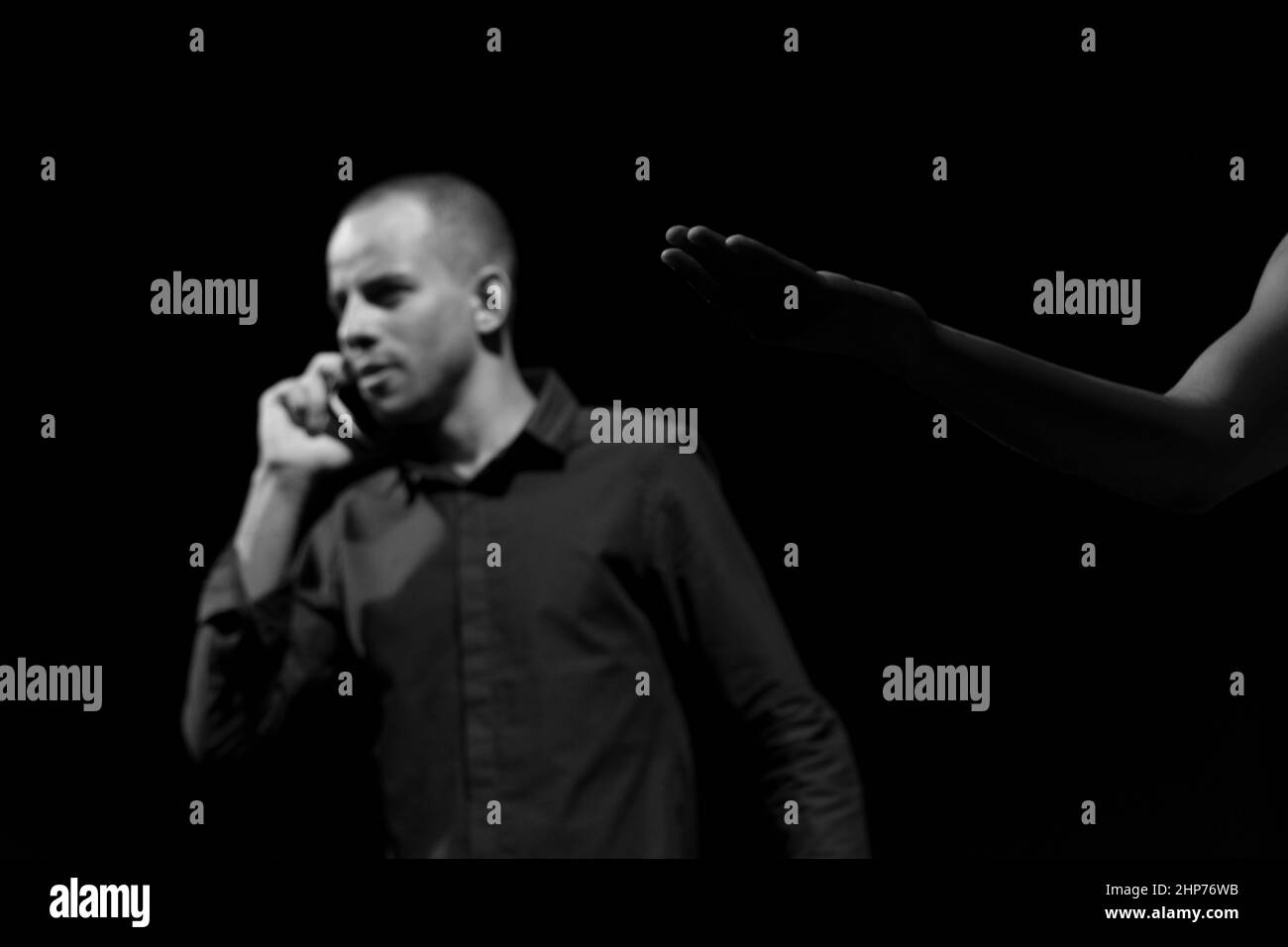 Actor on stage represents a dramatic character. Scene in a theater in ...