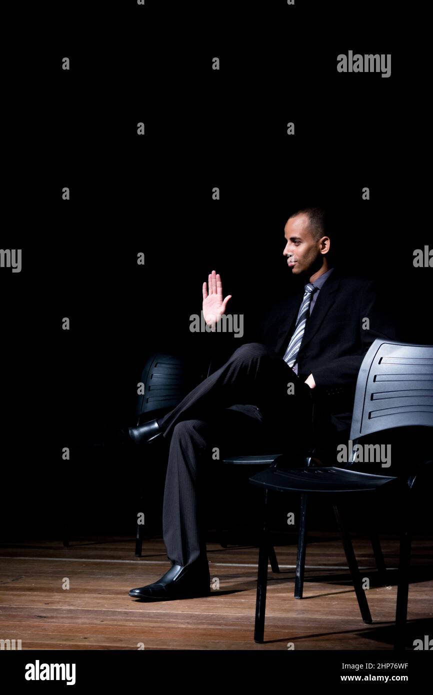 Actor on stage represents a dramatic character. Scene in a theater in ...
