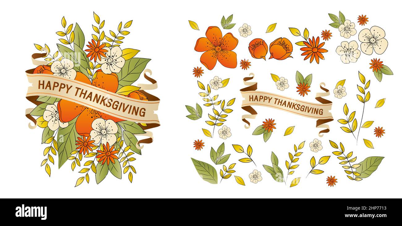 illustration of happy thanksgiving with scroll ribbon set of flowers ...