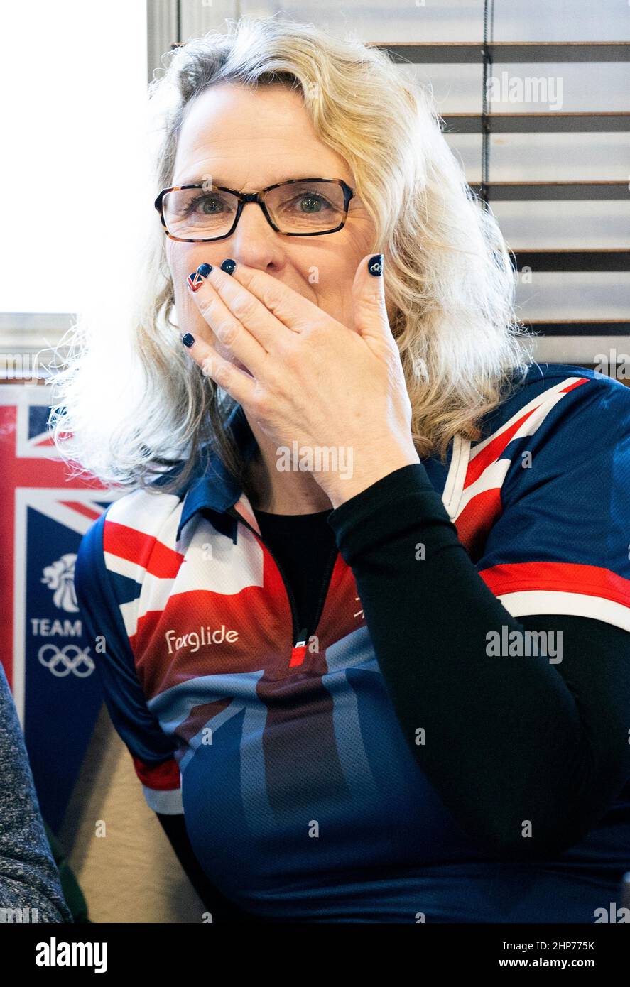 Marie Mouat, mother of Bruce Mouat, reacts as Team GB compete in the ...