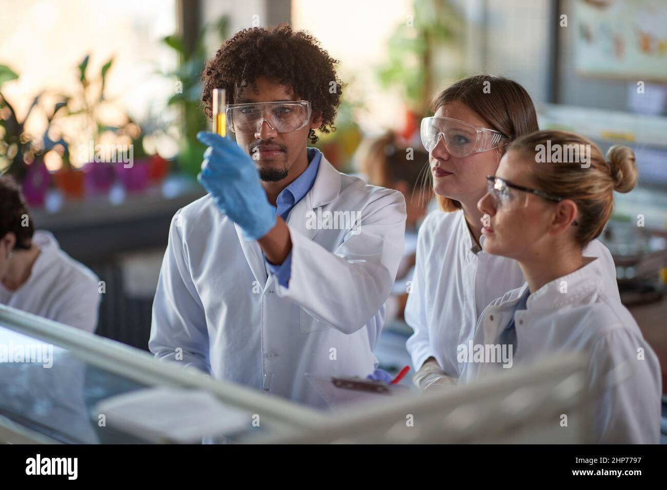 Young students carefully observe a chemical reaction in a test tube in ...