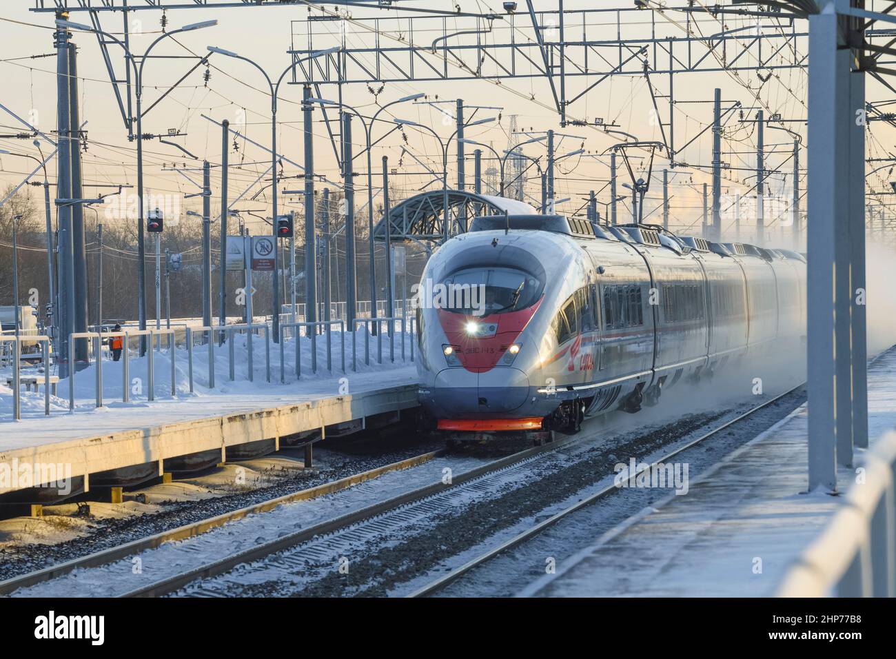 LENINGRAD REGION, RUSSIA - DECEMBER 21, 20212: High-speed train EVS1-13 ...