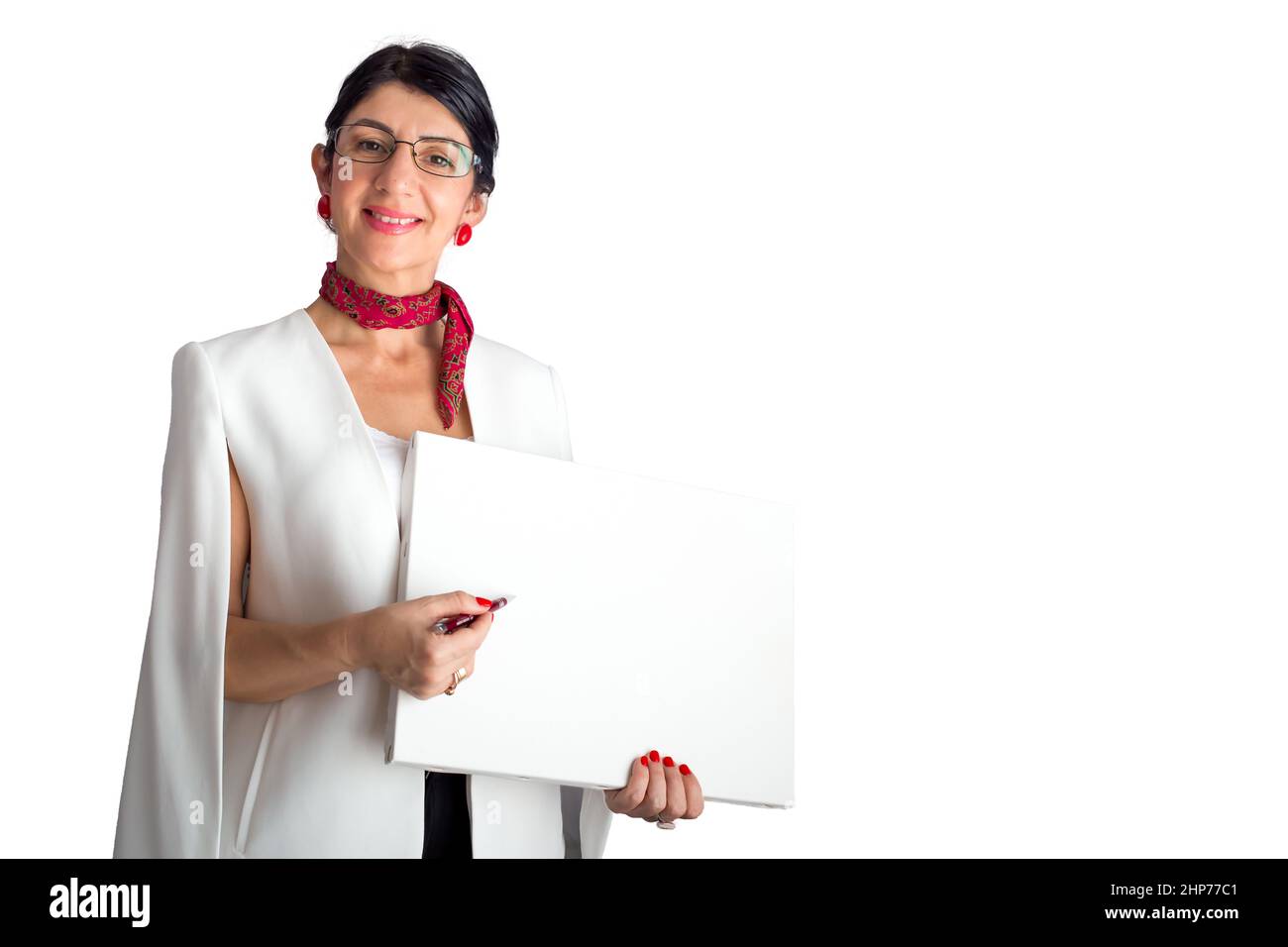 Elegant Brunette Teacher Showing Something On Empty White Board Online elegant-brunette-teacher-showing-something-on-empty-white-board-online
