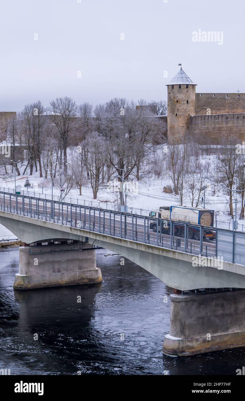 Vertical view of the Russia-Estonia border bridge between Narva and ...