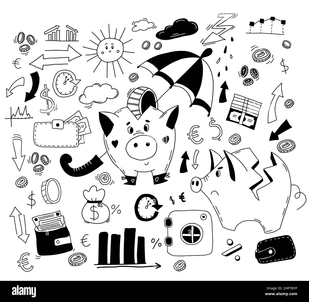 Cute pig piggy bank and money. Vector illustration in hand doodle style ...