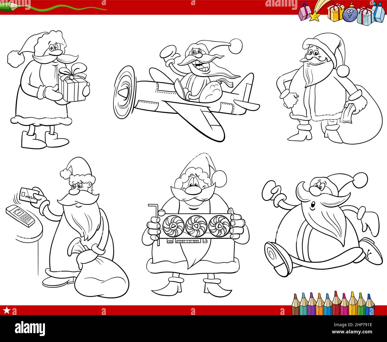 cartoon Santa Claus characters set coloring book page Stock Vector ...