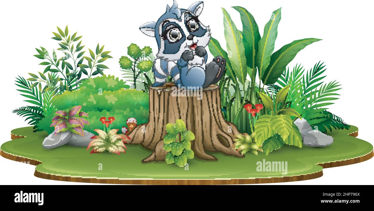 Cartoon happy raccoon on tree stump with green plants Stock Vector ...