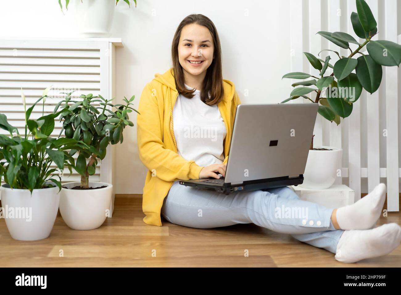 Woman girl using laptop working office work remotely from home ...