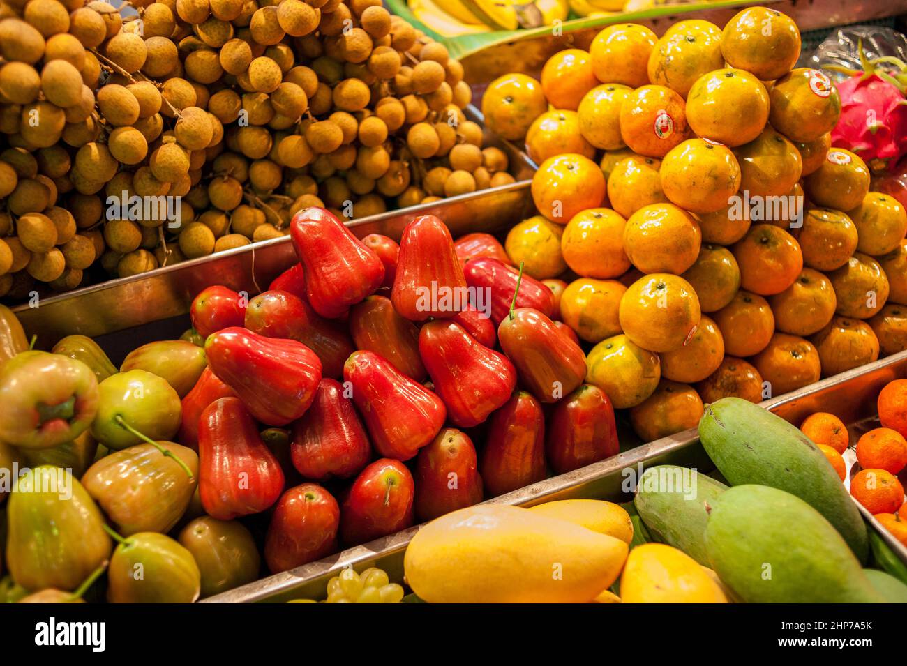 Close-up of Thai fruits for sale at the famous night market in Hua Hin ...