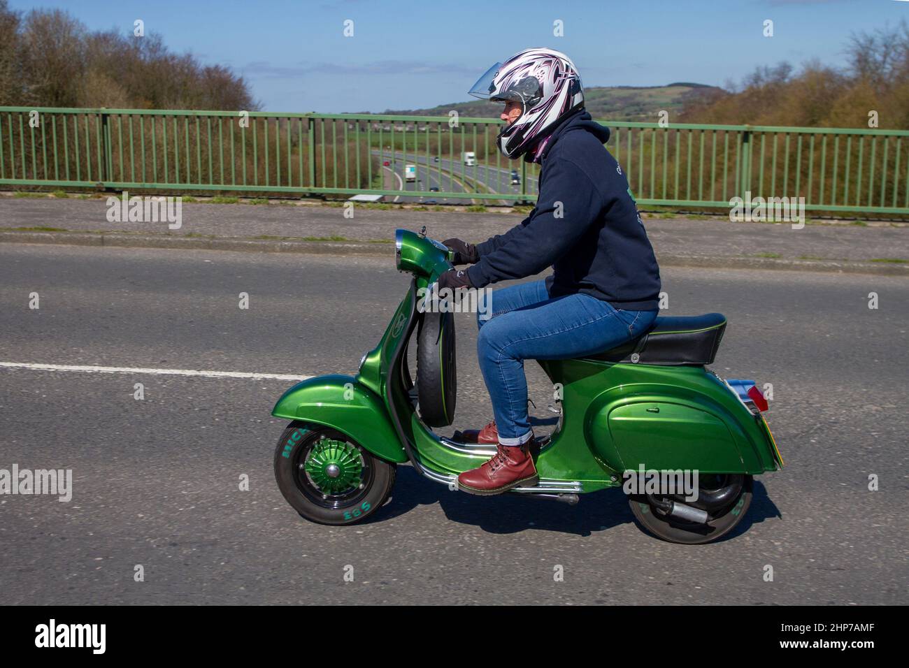1983 80s eighties green Vespa Douglas V100S 9cc petrol; Motorbike rider ...