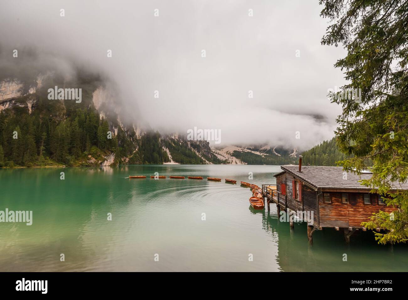 Lago di Braies a beautiful mountain lake at Italy Dolomites Stock Photo ...