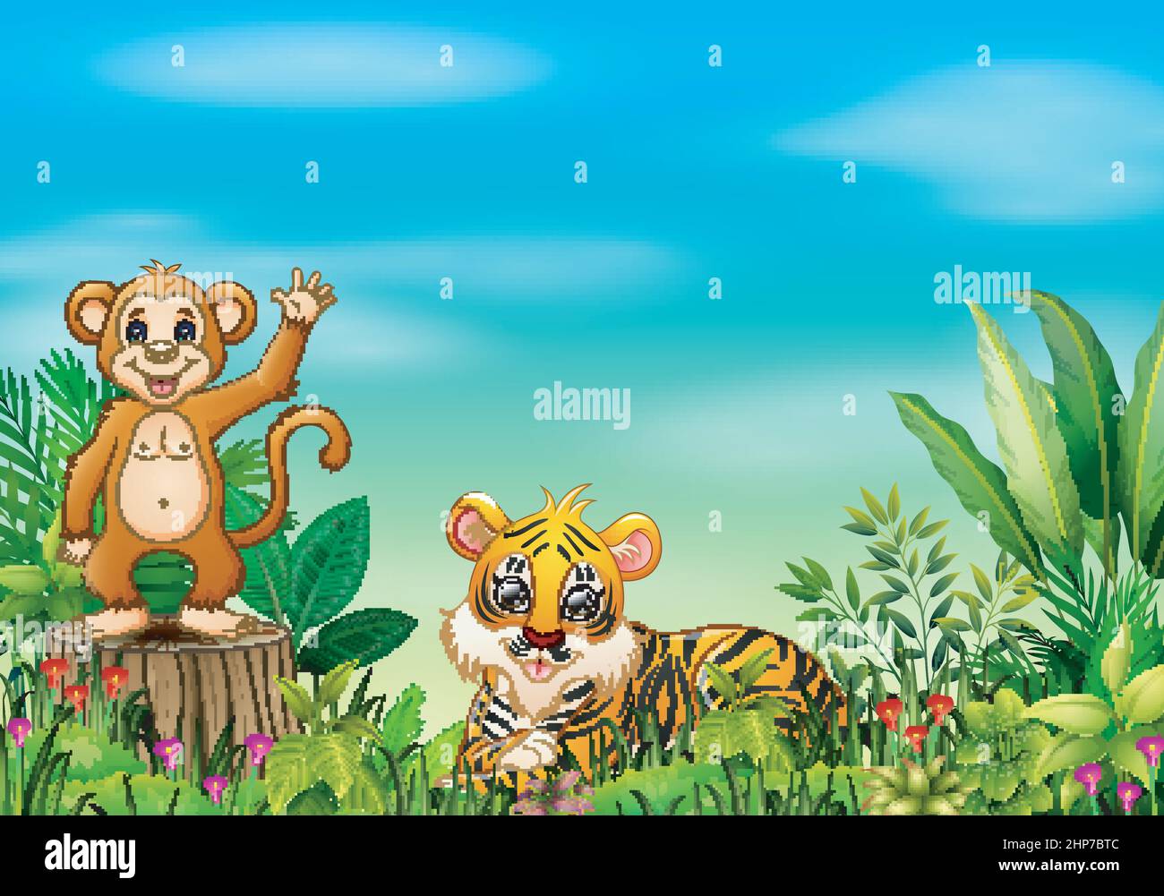 Nature scene with a monkey standing on tree stump and tiger Stock ...