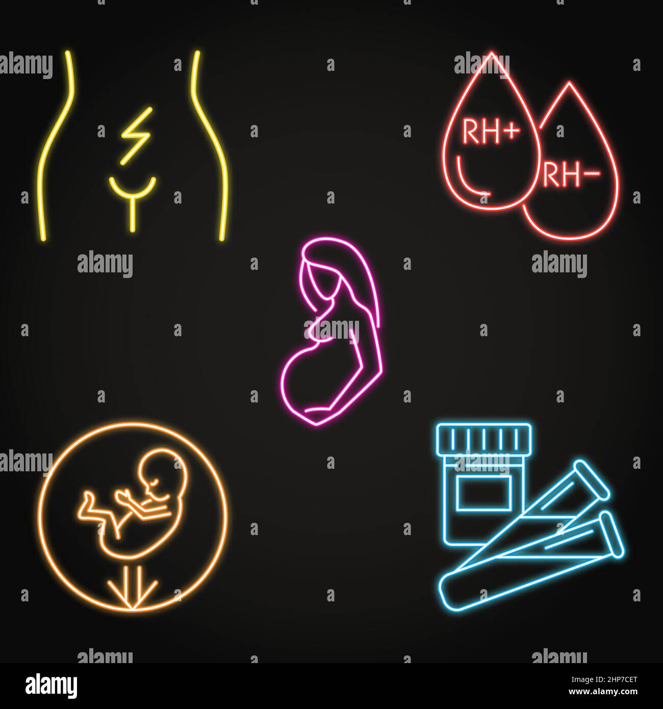Pregnancy complications neon icon set. Medical problems and miscarriage ...