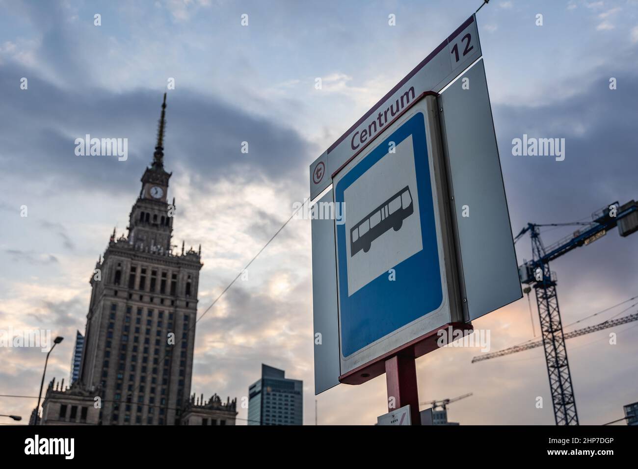 Bus stop in Warsaw city centre, Poland, view with Palace of Culture and ...