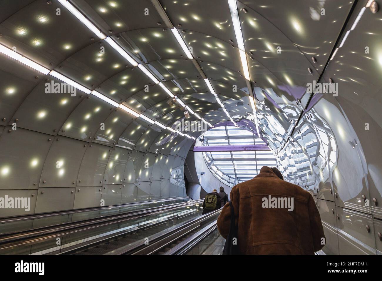 Escalator of Centrum Nauki Kopernik metro station of the subway line M2 ...
