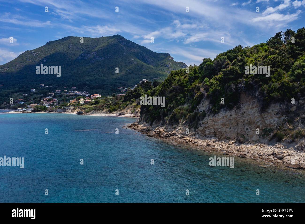 Skala and Paramonas villages over Ionian Sea in Meliteieis area on ...