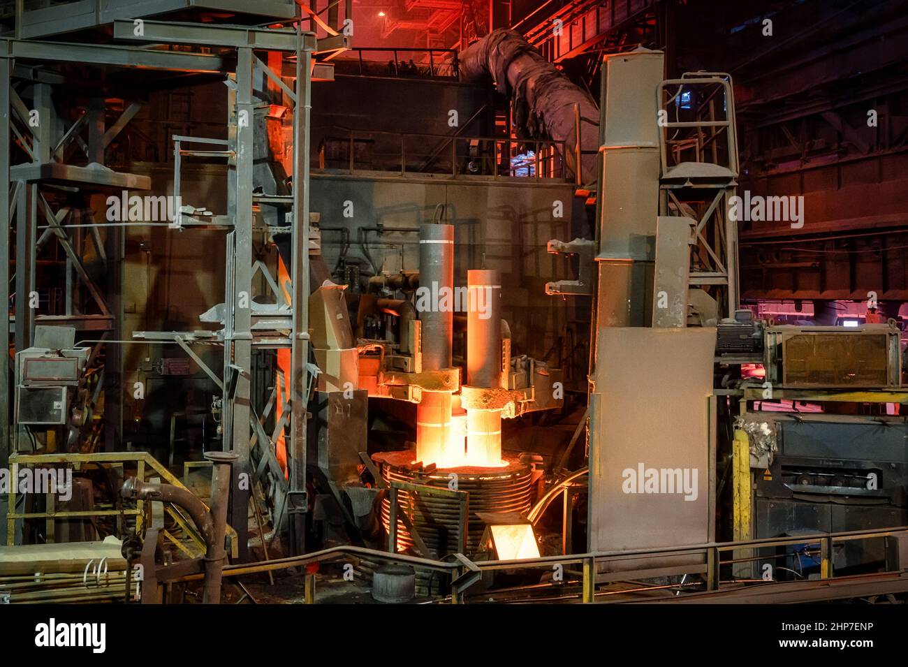Electric arc steelmaking furnace, thick powerful red-hot graphite ...