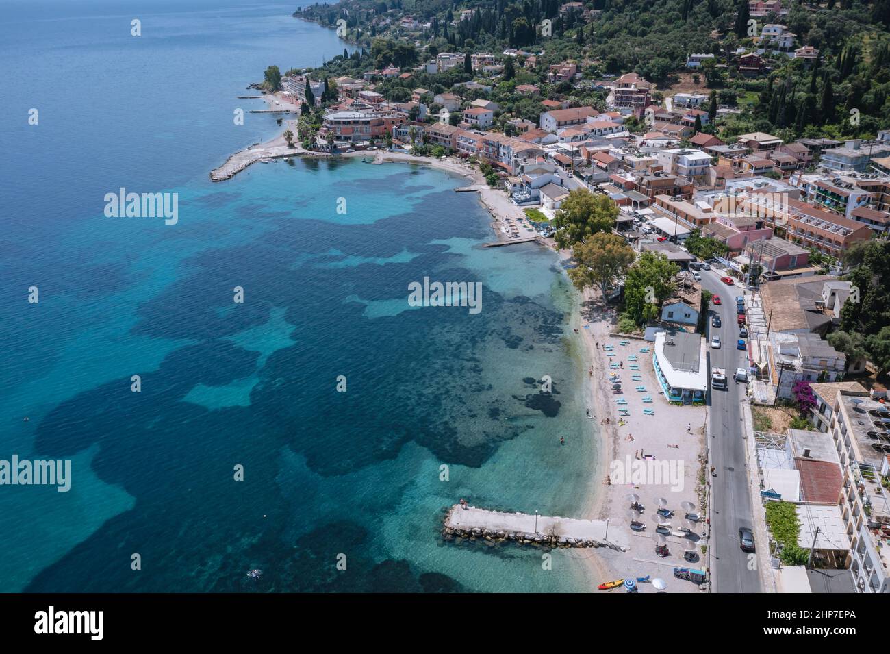 Beach in Benitses, small village on a east shore of Greek Island of ...