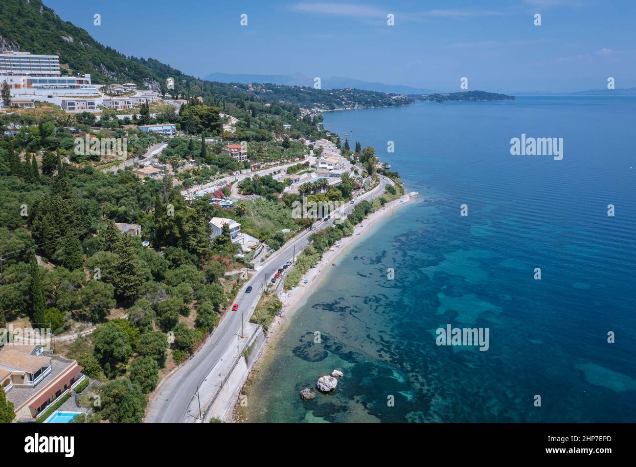 Aerial view of Benitses, small village on a east shore of Greek Island ...