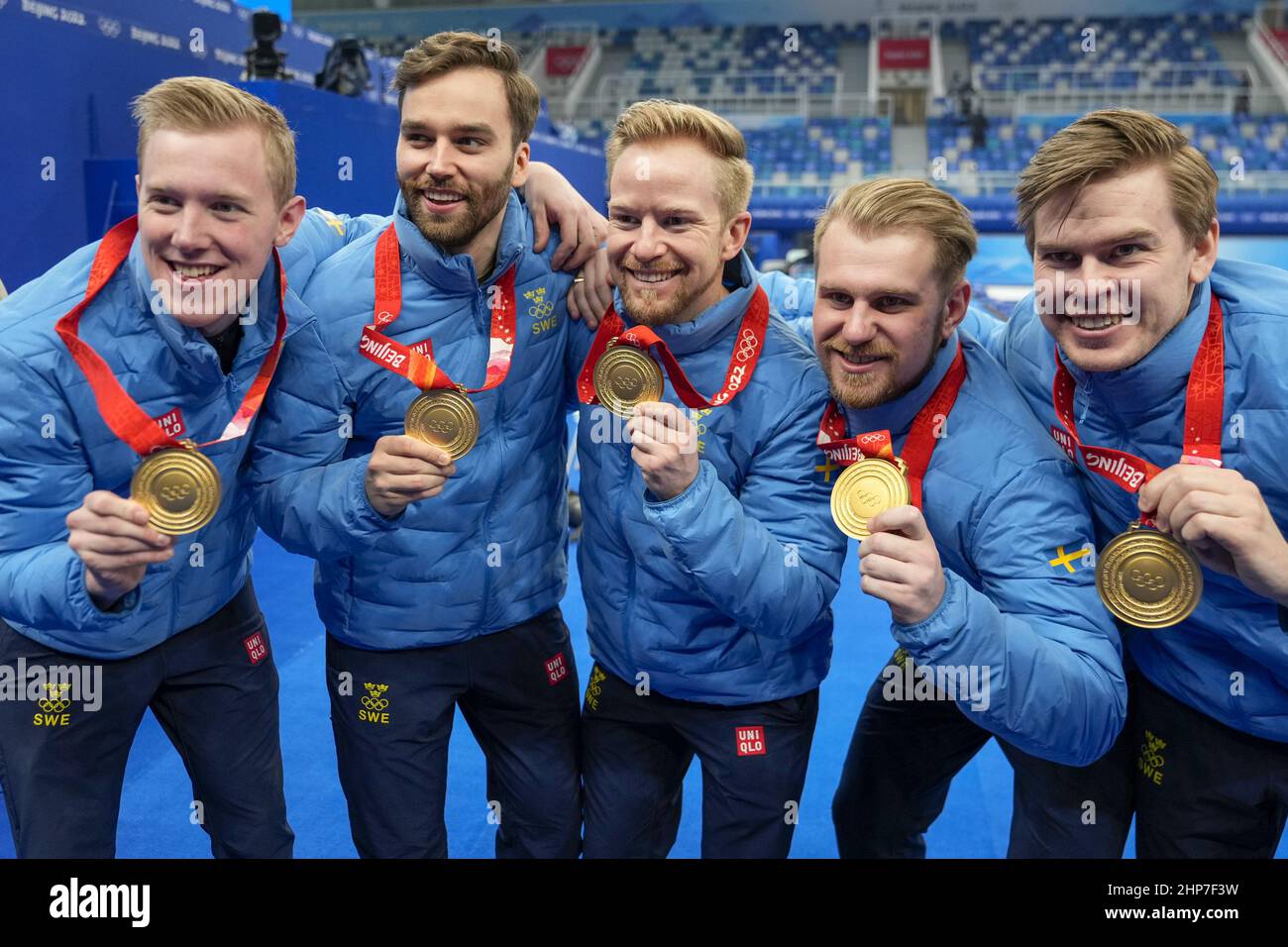 Beijing, China. 19th Feb, 2022. Team Sweden's curling gold medalists (L ...