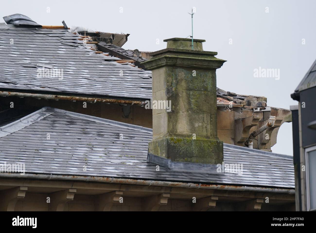Precarious masonry and missing tiles on the roof Trowbridge Town Hall ...
