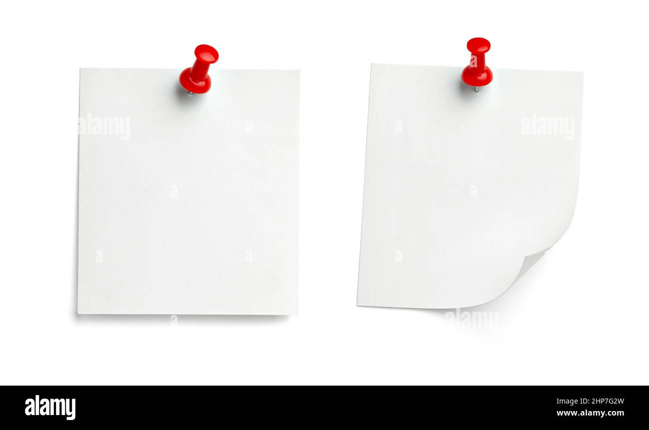 collection of various note paper with a push pin on white background ...