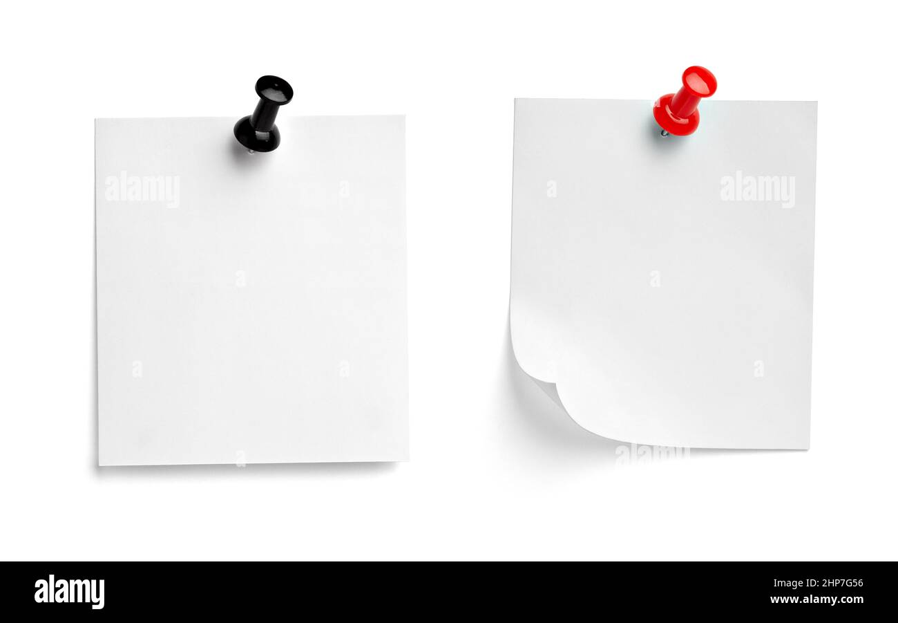 collection of various note paper with a push pin on white background ...