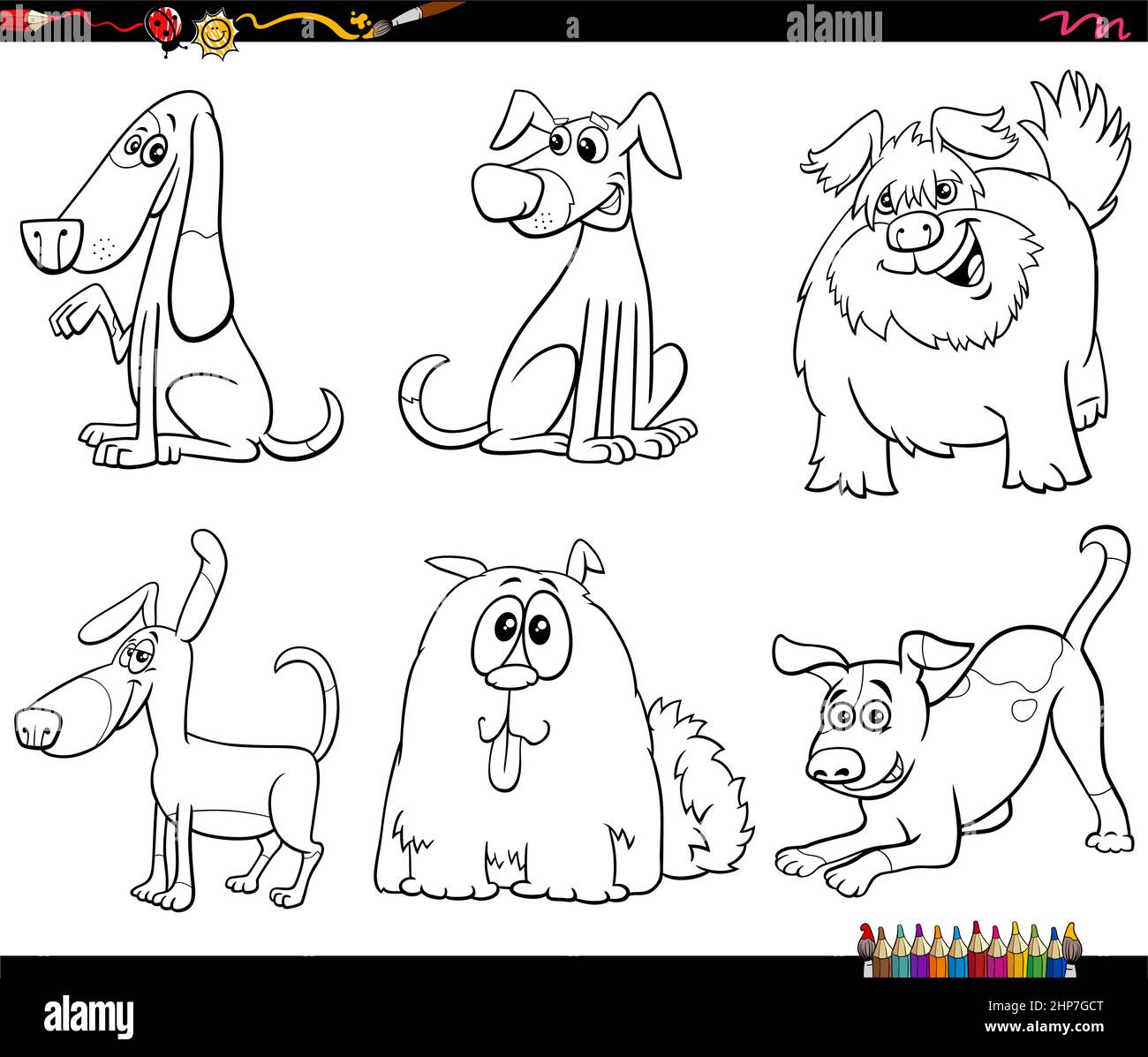 cartoon dogs animal characters set coloring book page Stock Vector ...