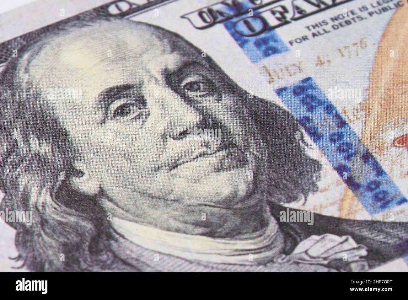Benjamin Franklin portrait , US dollars banknote. Vertical close up Old ...