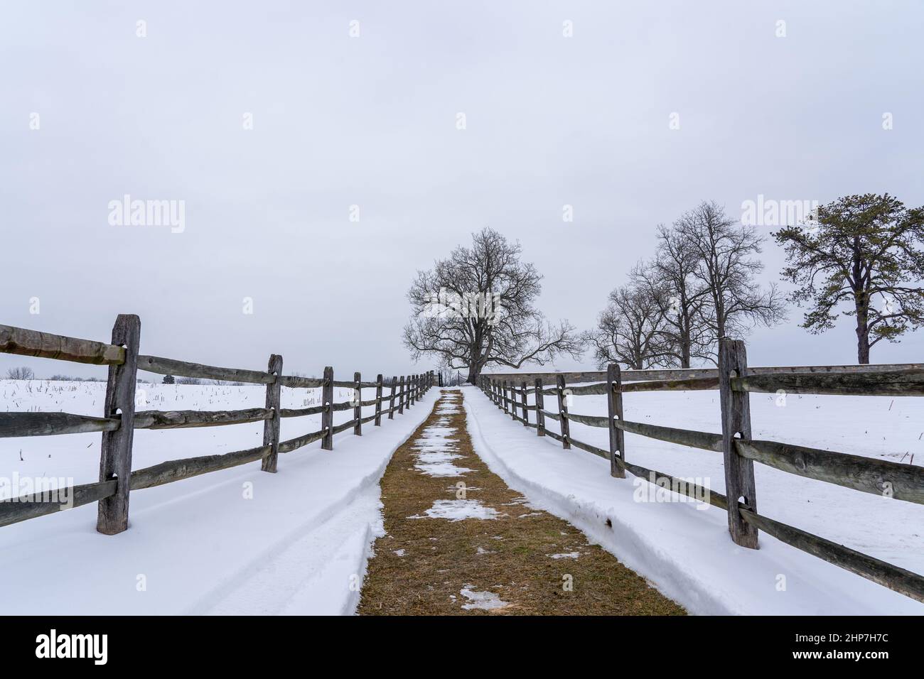 Long wooden fence in a Fort Pillow State Historic Park during winter ...