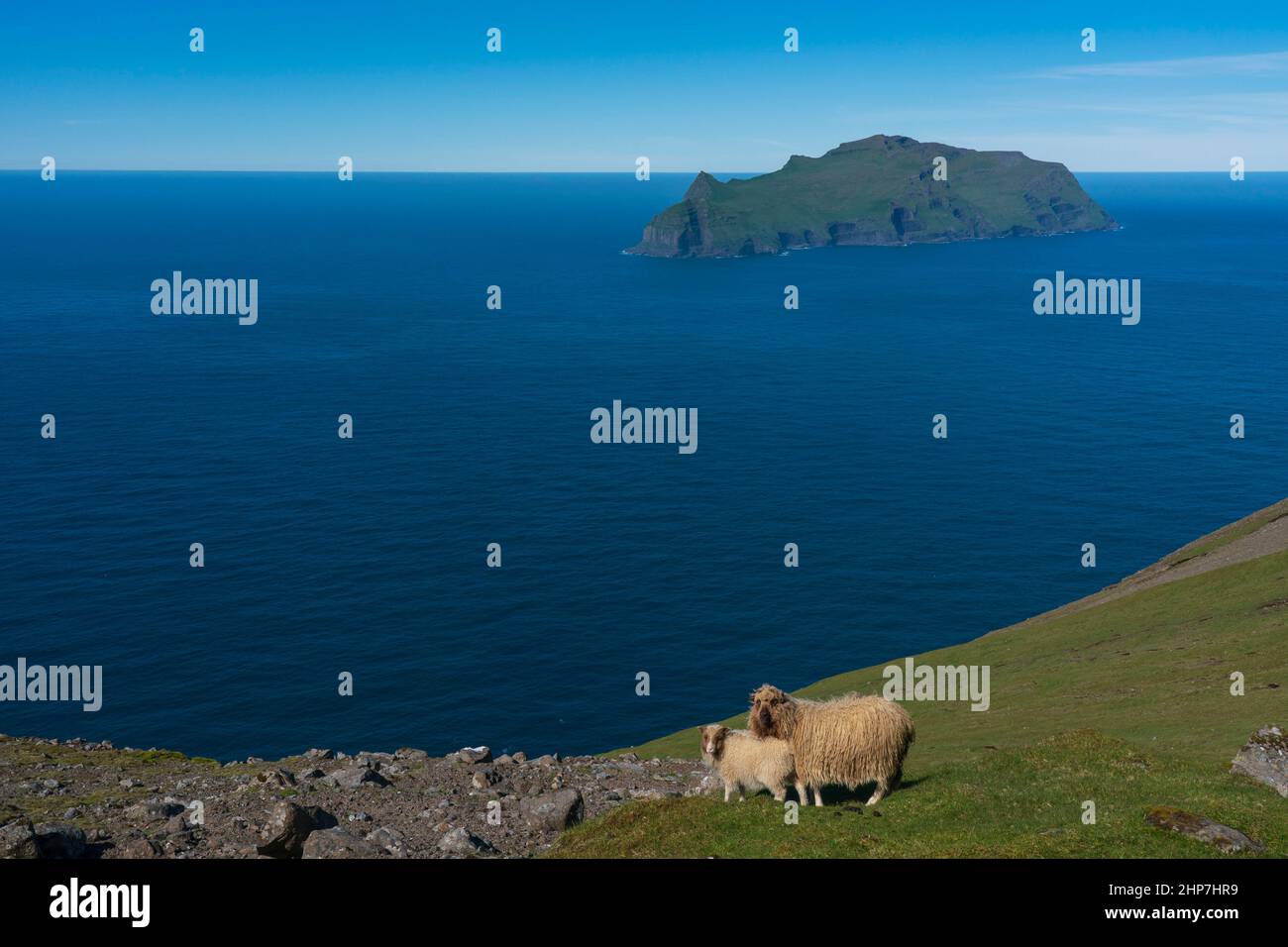 Mykines Island from Vagar Island, Faroe Islands, Denmark Stock Photo ...