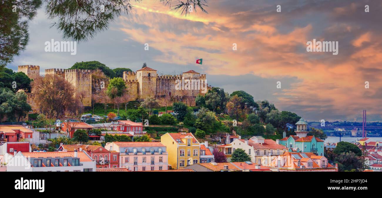 Panorama of Lisbon city and Castelo de Sao Jorge, known as the Saint ...