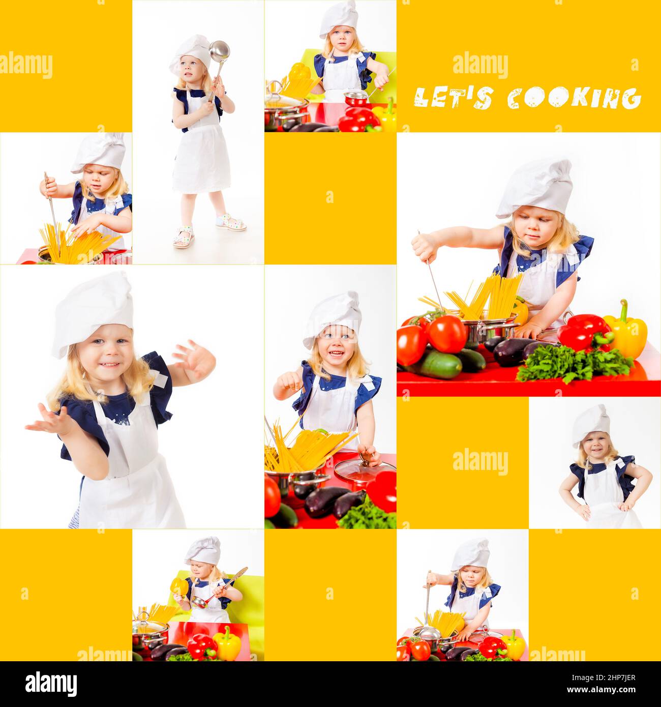 Set of pictures of little girl in white cap trying to cook Stock Photo ...