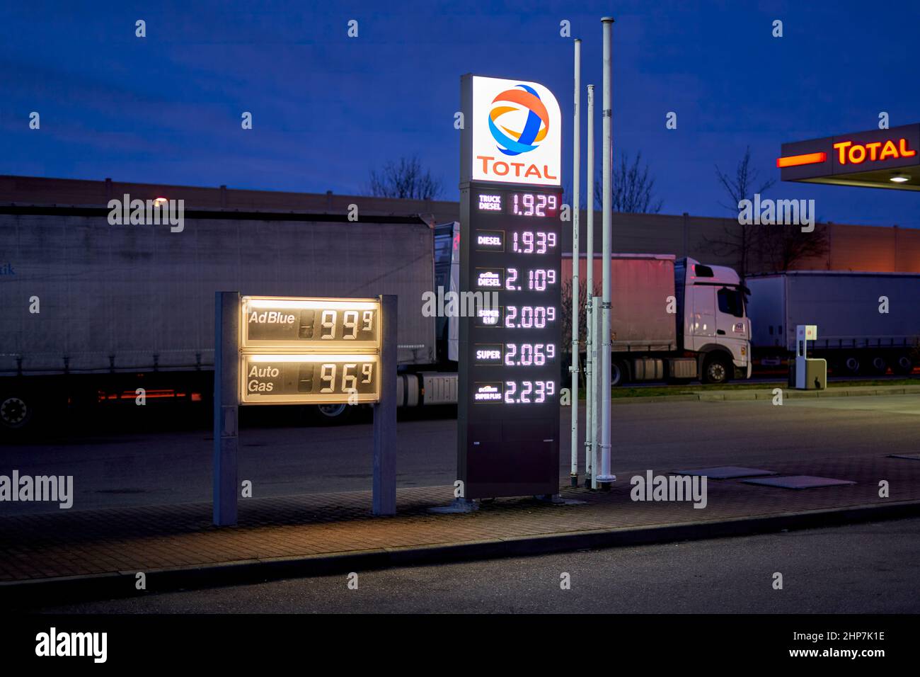 Denkendorf, Germany - February 19, 2022: Price display in front of a ...
