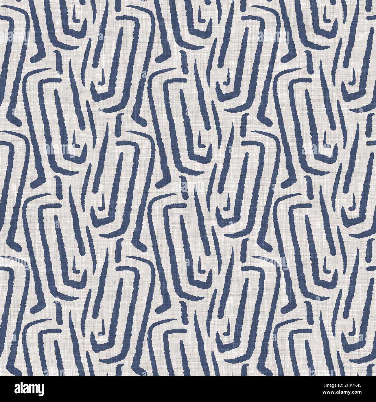 French blue doodle motif linen seamless pattern. Tonal country cottage ...