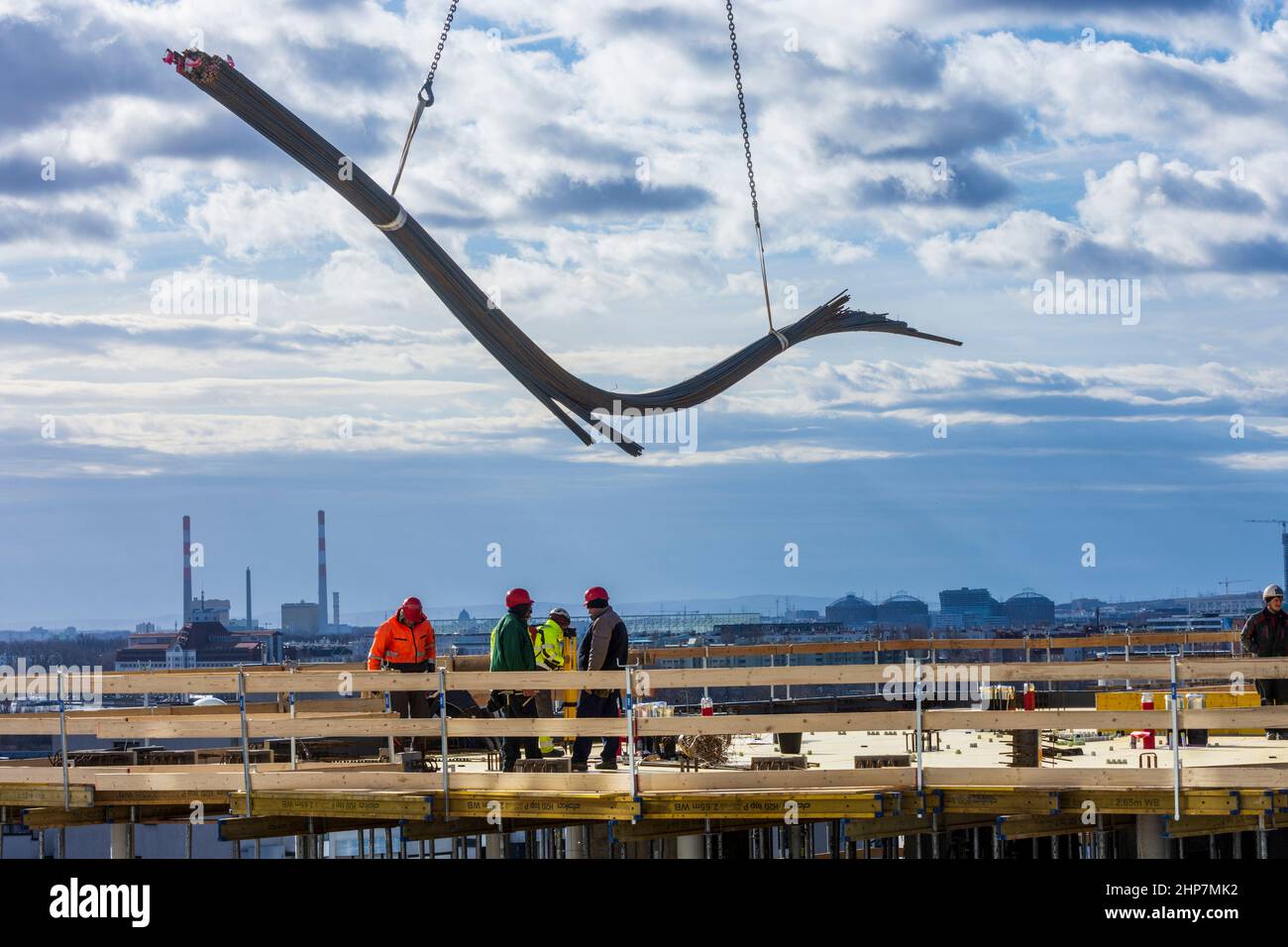 Wien, Vienna: reinforcement steel hanging on crane hook, construction ...