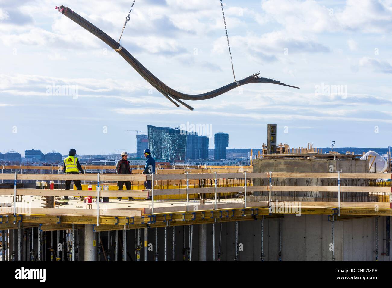 Wien, Vienna: reinforcement steel hanging on crane hook, construction ...
