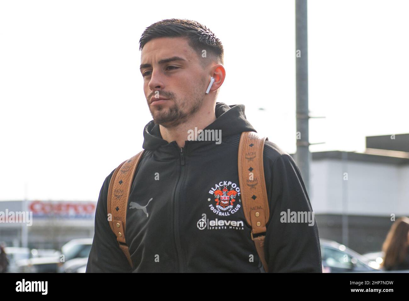Owen Dale #7 of Blackpool arrives at Cardiff City Stadium, Home of ...