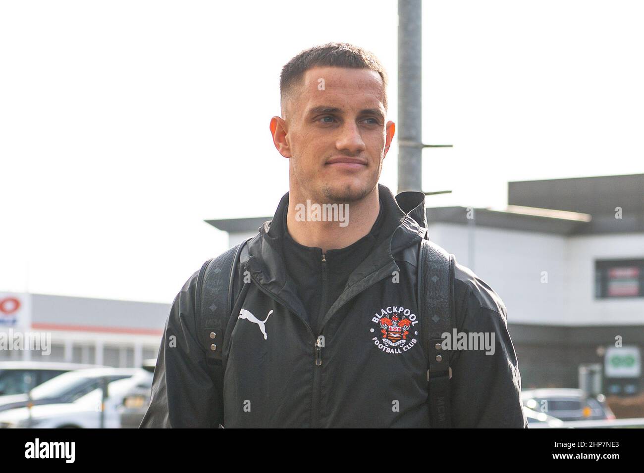 Jerry Yates #9 of Blackpool arrives at Cardiff City Stadium, Home of ...