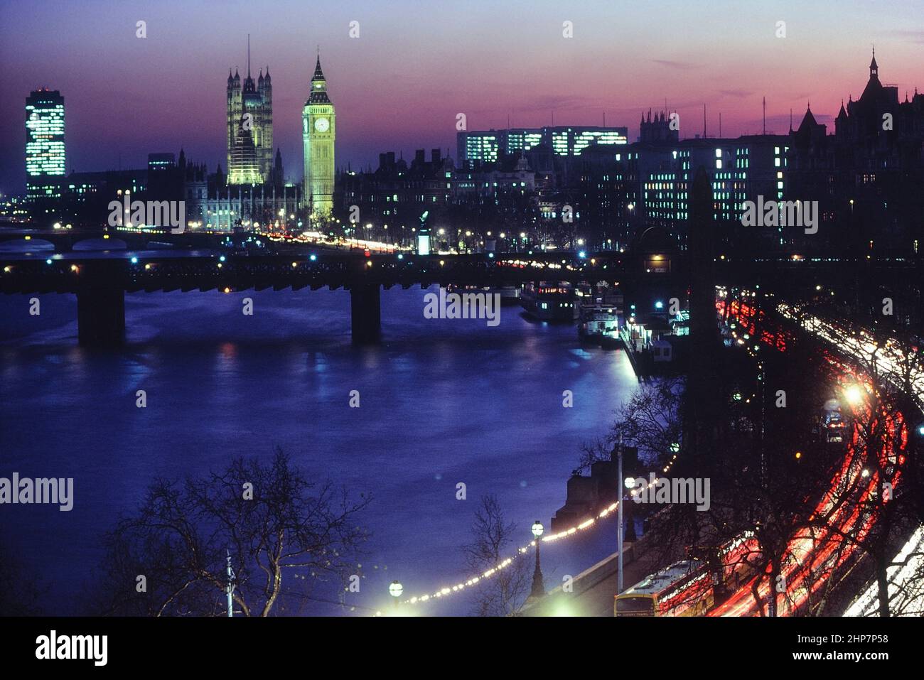 Elevated view of The Houses of Parliament and Victoria Embankment at ...