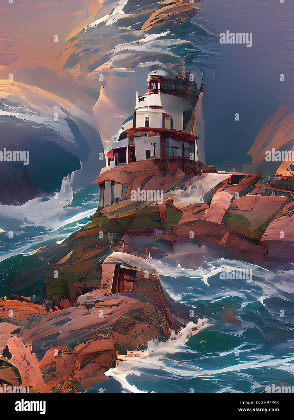 Artistic painting of a building on a seashore Stock Photo - Alamy