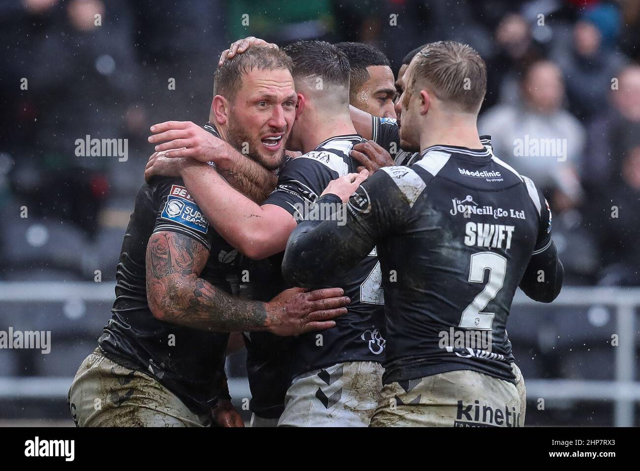 Cameron Scott #24 of Hull FC celebrates his try during the second half ...