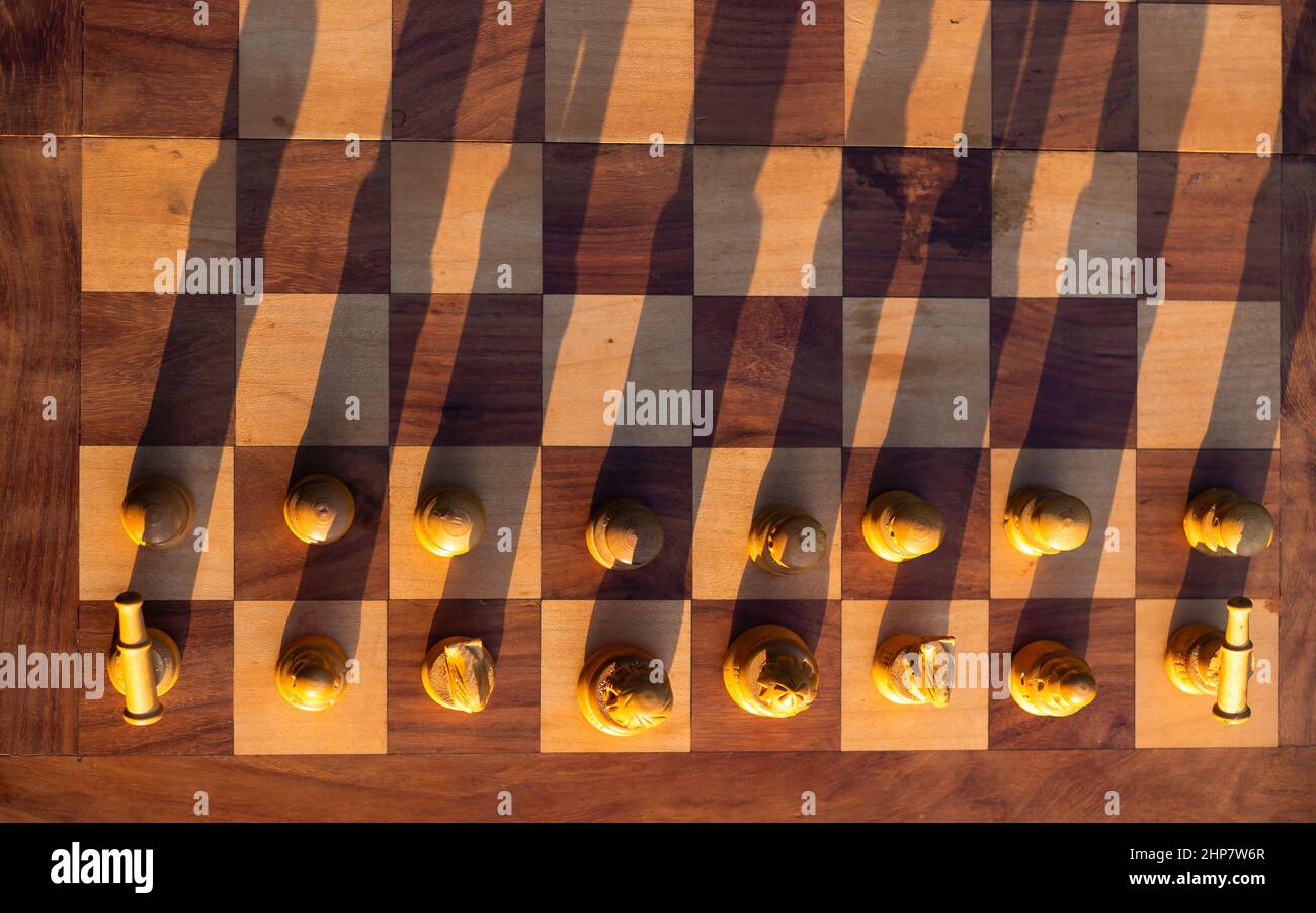Wooden chess board with wooden pieces with sunlight. Selective focus on ...