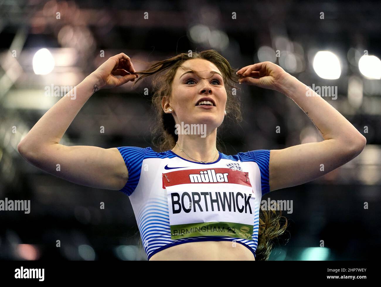 Great Britain's Emily Borthwick reacts in the women's high jump final ...