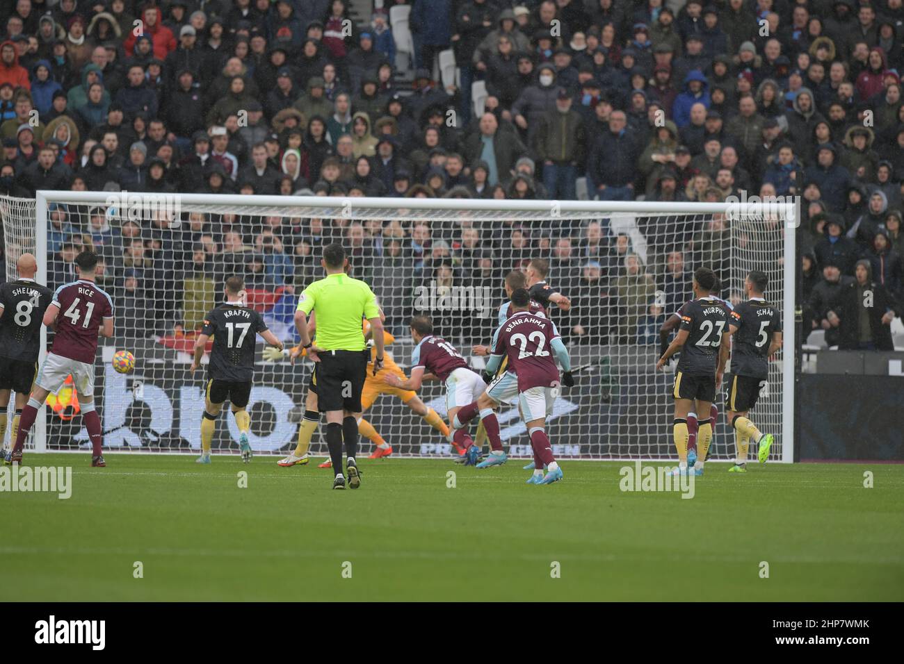 London, UK. 19th Feb, 2022. GOAL Craig Dawson 15 of West Ham Utd opens ...