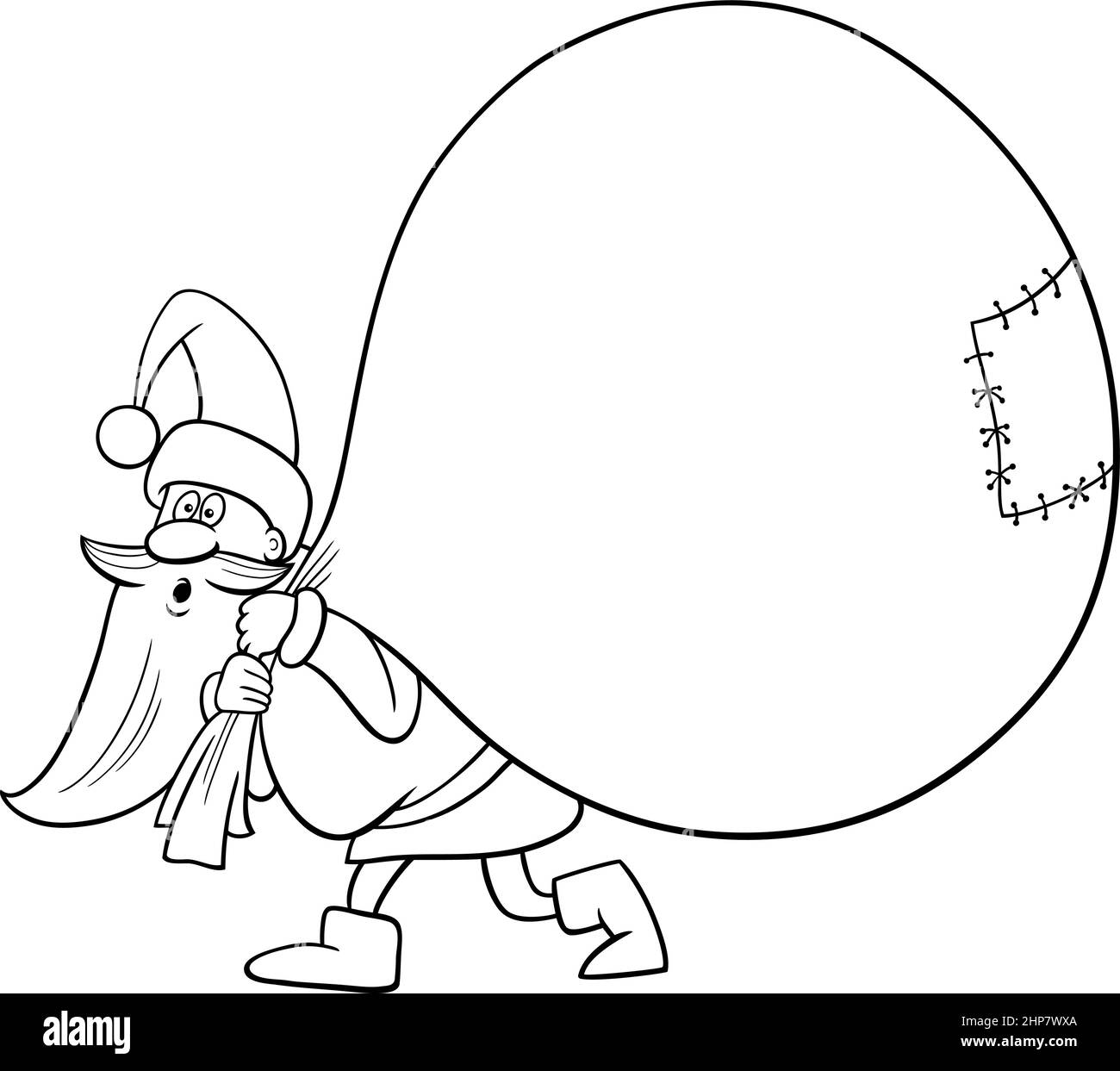 cartoon Santa Claus with huge sack of gifts coloring book page Stock ...